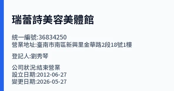 瑞蕾詩美容美體館的照片-統編 36834250(臺南市) 公司登記資料與營業項目詳細圖表