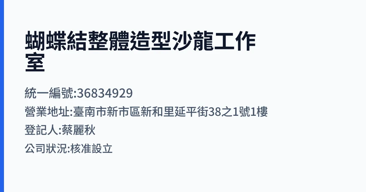 蝴蝶結整體造型沙龍工作室 - 統編 36834929（臺南市） 公司登記資料與營業項目詳細圖表