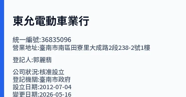 東允電動車業行的照片-統編 36835096(臺南市) 公司登記資料與營業項目詳細圖表