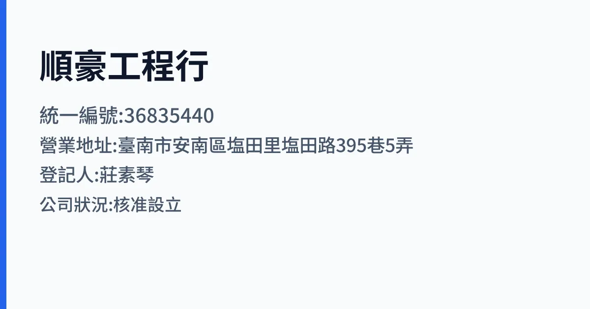 順豪工程行 - 統編 36835440(臺南市) 公司登記資料與營業項目詳細圖表
