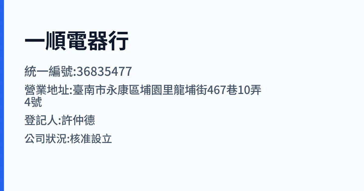 一順電器行 - 統編 36835477(臺南市) 公司登記資料與營業項目詳細圖表