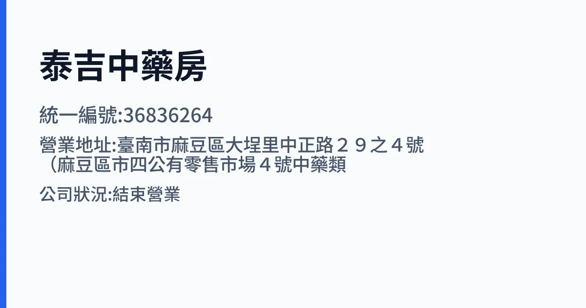 泰吉中藥房 - 統編 36836264(臺南市) 公司登記資料與營業項目詳細圖表