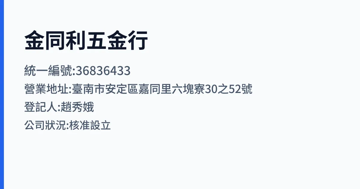 金同利五金行 - 統編 36836433(臺南市) 公司登記資料與營業項目詳細圖表