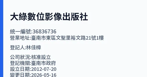 大綠數位影像出版社的照片-統編 36836736(臺南市) 公司登記資料與營業項目詳細圖表