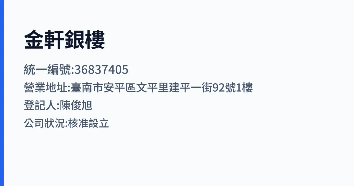 金軒銀樓 - 統編 36837405(臺南市) 公司登記資料與營業項目詳細圖表