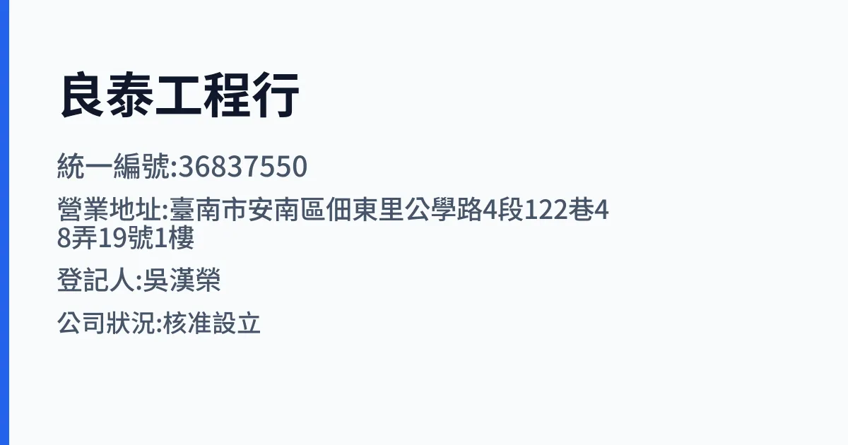 良泰工程行 - 統編 36837550(臺南市) 公司登記資料與營業項目詳細圖表