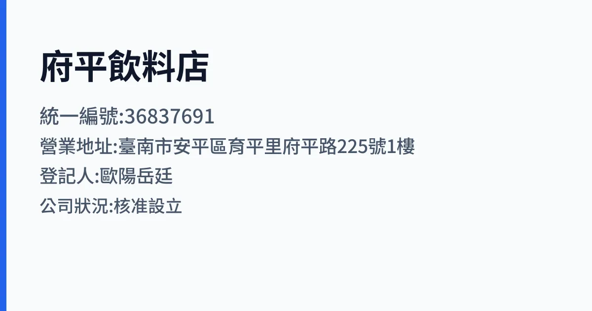 府平飲料店 - 統編 36837691(臺南市) 公司登記資料與營業項目詳細圖表