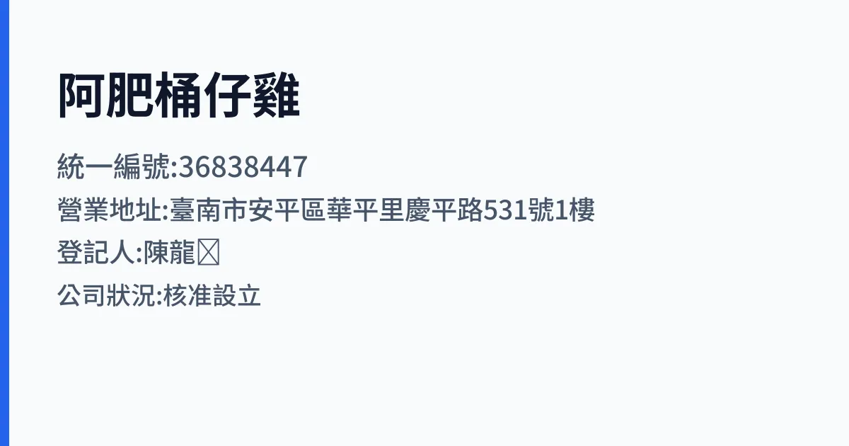 阿肥桶仔雞 - 統編 36838447(臺南市) 公司登記資料與營業項目詳細圖表
