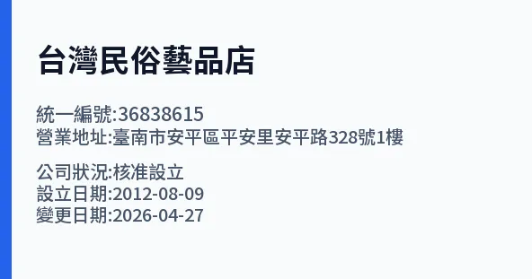 台灣民俗藝品店的照片-統編 36838615(臺南市) 公司登記資料與營業項目詳細圖表