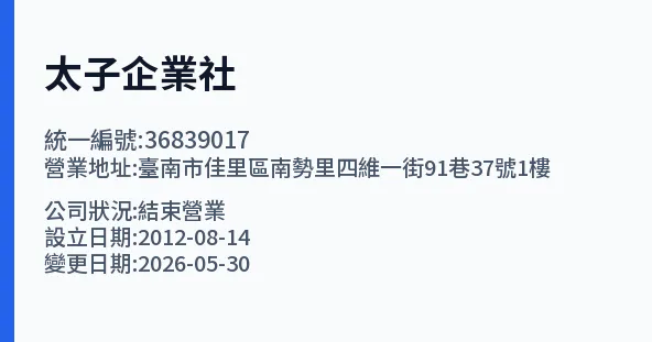 太子企業社的照片-統編 36839017(臺南市) 公司登記資料與營業項目詳細圖表