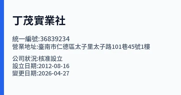 丁茂實業社的照片-統編 36839234(臺南市) 公司登記資料與營業項目詳細圖表