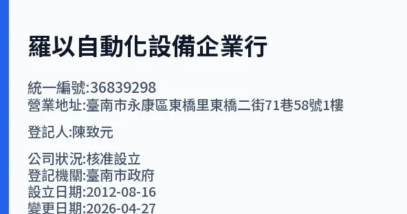 羅以自動化設備企業行的照片-統編 36839298(臺南市) 公司登記資料與營業項目詳細圖表