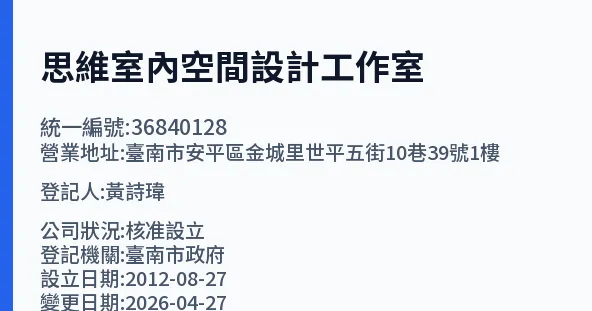 思維室內空間設計工作室的照片-統編 36840128(臺南市) 公司登記資料與營業項目詳細圖表