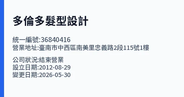 多倫多髮型設計的照片-統編 36840416(臺南市) 公司登記資料與營業項目詳細圖表