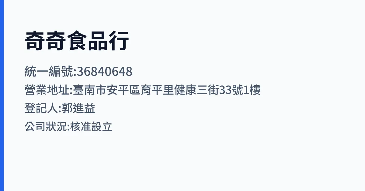 奇奇食品行 - 統編 36840648(臺南市) 公司登記資料與營業項目詳細圖表