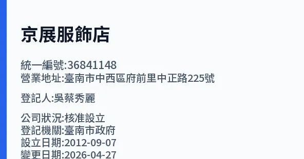 京展服飾店的照片-統編 36841148(臺南市) 公司登記資料與營業項目詳細圖表