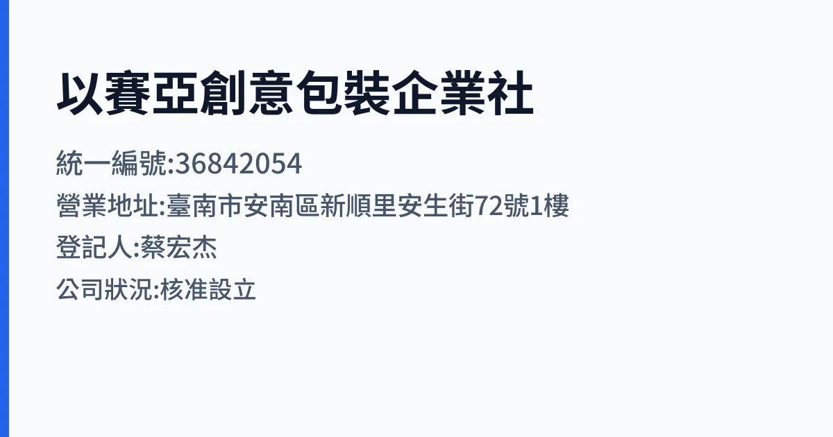 以賽亞創意包裝企業社 - 統編 36842054(臺南市) 公司登記資料與營業項目詳細圖表