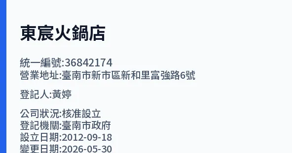東宸火鍋店的照片-統編 36842174(臺南市) 公司登記資料與營業項目詳細圖表