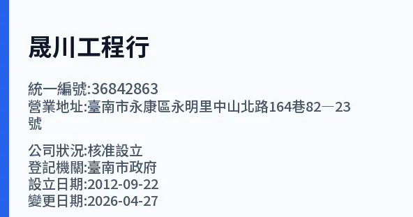 晟川工程行的照片-統編 36842863(臺南市) 公司登記資料與營業項目詳細圖表