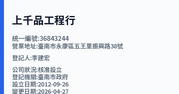 上千品工程行的照片-統編 36843244(臺南市) 公司登記資料與營業項目詳細圖表