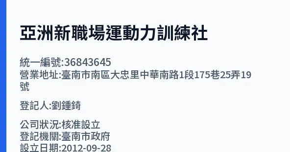 亞洲新職場運動力訓練社的照片-統編 36843645(臺南市) 公司登記資料與營業項目詳細圖表