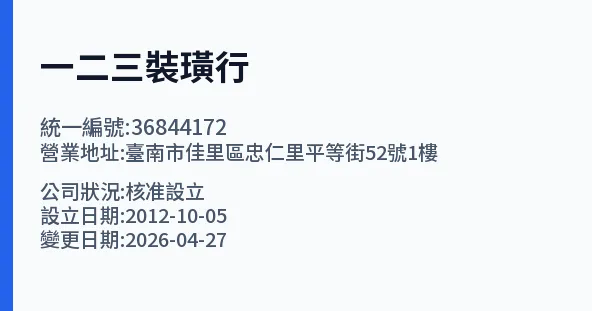 一二三裝璜行的照片-統編 36844172(臺南市) 公司登記資料與營業項目詳細圖表