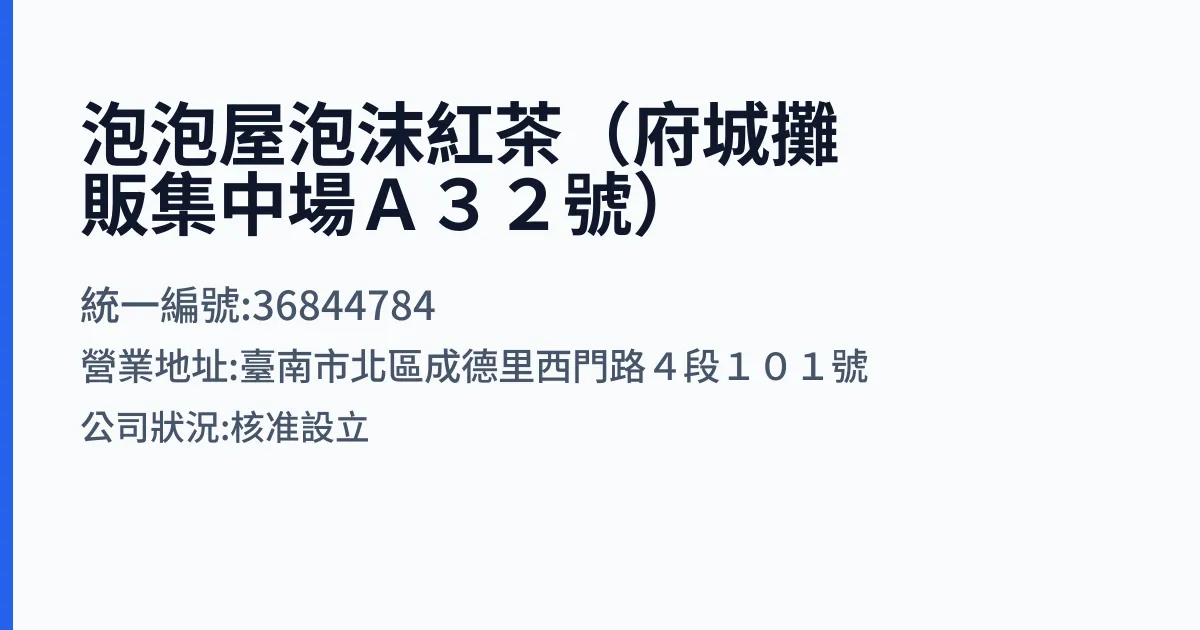 泡泡屋泡沫紅茶（府城攤販集中場Ａ３２號） - 統編 36844784(臺南市) 公司登記資料與營業項目詳細圖表