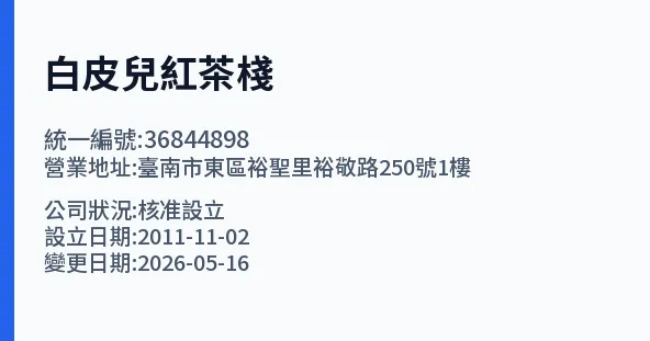 白皮兒紅茶棧的照片-統編 36844898(臺南市) 公司登記資料與營業項目詳細圖表