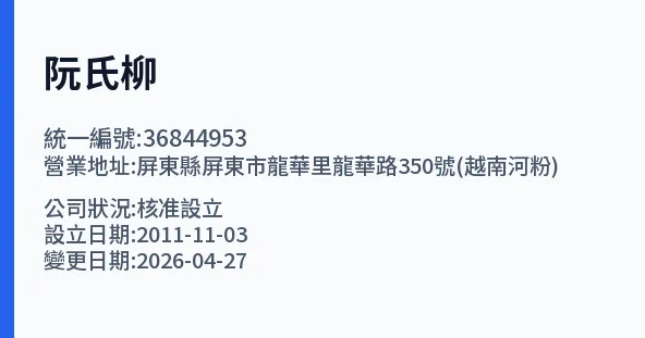 阮氏柳的照片-統編 36844953(屏東縣) 公司登記資料與營業項目詳細圖表
