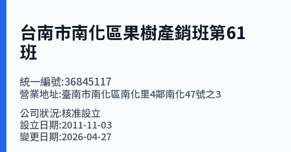 台南市南化區果樹產銷班第61班的照片-統編 36845117(臺南市) 公司登記資料與營業項目詳細圖表