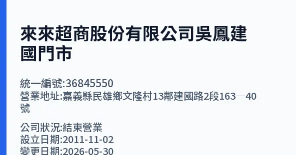 來來超商股份有限公司吳鳳建國門市的照片-統編 36845550(嘉義縣) 公司登記資料與營業項目詳細圖表