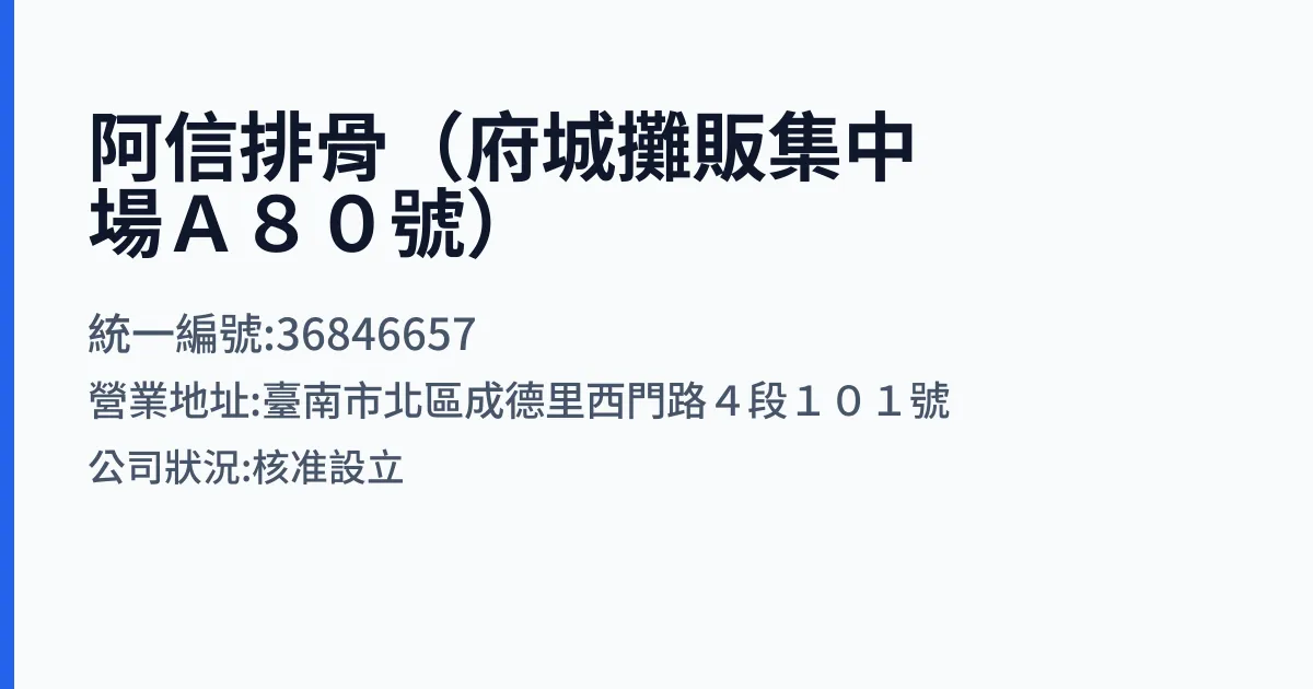 阿信排骨（府城攤販集中場Ａ８０號） - 統編 36846657(臺南市) 公司登記資料與營業項目詳細圖表