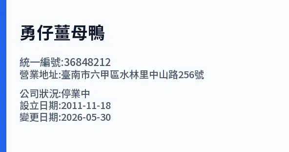 勇仔薑母鴨的照片-統編 36848212(臺南市) 公司登記資料與營業項目詳細圖表