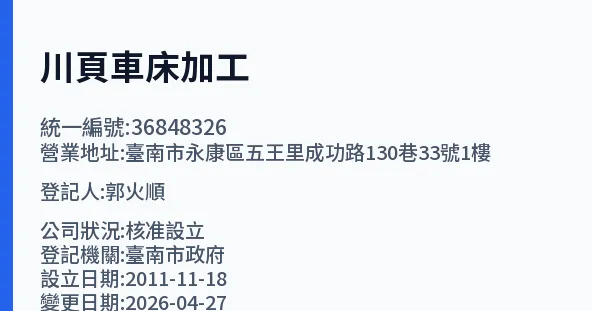 川頁車床加工的照片-統編 36848326(臺南市) 公司登記資料與營業項目詳細圖表