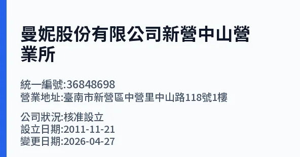 曼妮股份有限公司新營中山營業所的照片-統編 36848698(臺南市) 公司登記資料與營業項目詳細圖表