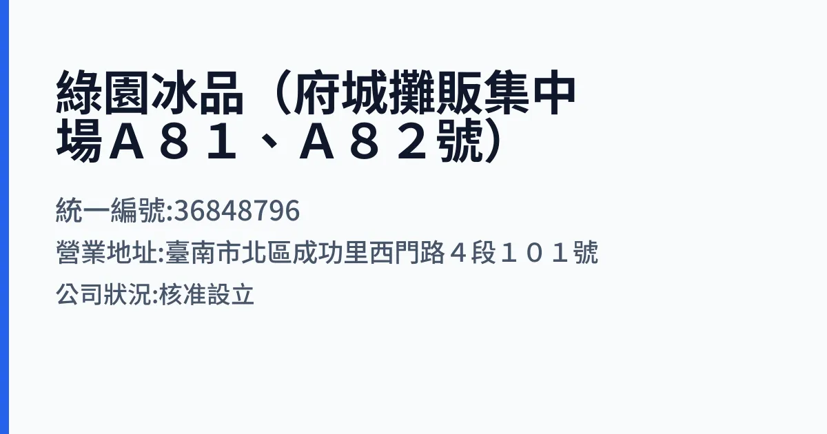 綠園冰品(府城攤販集中場A81、A82號) - 統編 36848796(臺南市) 公司登記資料與營業項目詳細圖表