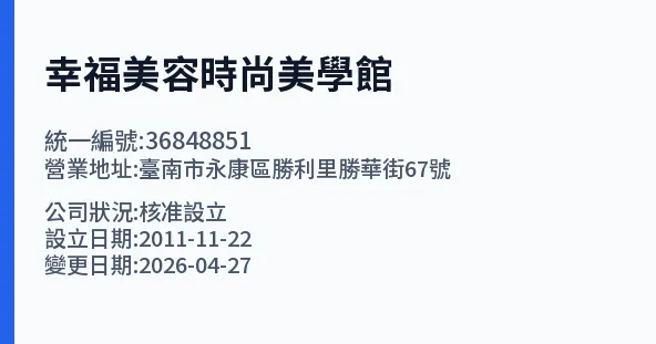 幸福美容時尚美學館的照片-統編 36848851(臺南市) 公司登記資料與營業項目詳細圖表