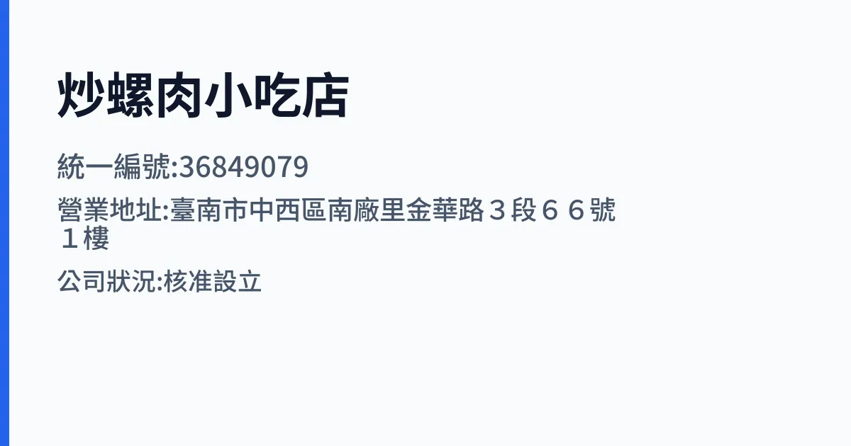 炒螺肉小吃店 - 統編 36849079(臺南市) 公司登記資料與營業項目詳細圖表