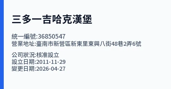 三多一吉哈克漢堡的照片-統編 36850547(臺南市) 公司登記資料與營業項目詳細圖表