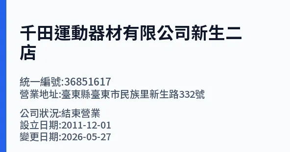千田運動器材有限公司新生二店的照片-統編 36851617(臺東縣) 公司登記資料與營業項目詳細圖表