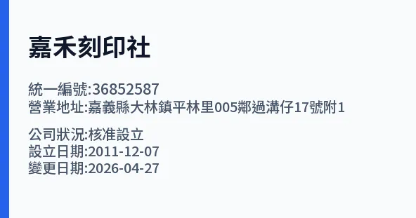 嘉禾刻印社的照片-統編 36852587(嘉義縣) 公司登記資料與營業項目詳細圖表