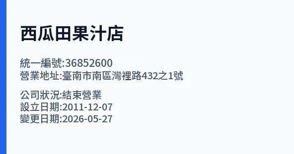 西瓜田果汁店的照片-統編 36852600(臺南市) 公司登記資料與營業項目詳細圖表