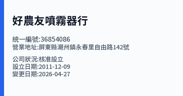 好農友噴霧器行的照片-統編 36854086(屏東縣) 公司登記資料與營業項目詳細圖表