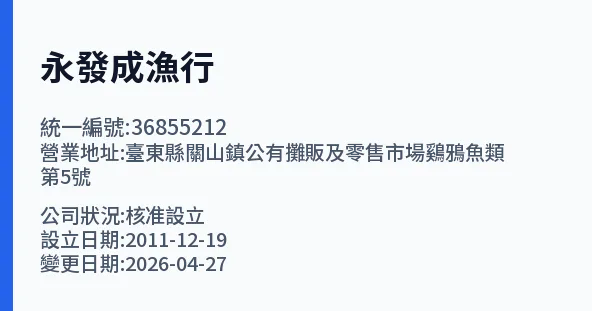 永發成漁行的照片-統編 36855212(臺東縣) 公司登記資料與營業項目詳細圖表