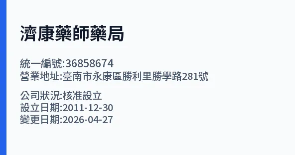 濟康藥師藥局的照片-統編 36858674(臺南市) 公司登記資料與營業項目詳細圖表