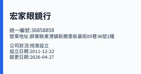 宏家眼鏡行的照片-統編 36858858(屏東縣) 公司登記資料與營業項目詳細圖表