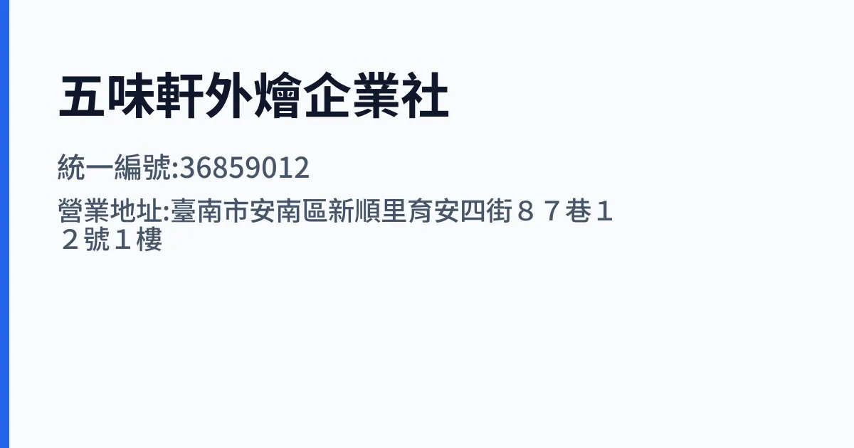 五味軒外燴企業社 - 統編 36859012(臺南市) 公司登記資料與營業項目詳細圖表