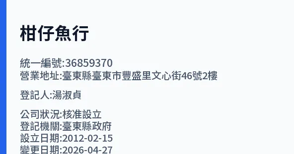 柑仔魚行的照片-統編 36859370(臺東縣) 公司登記資料與營業項目詳細圖表