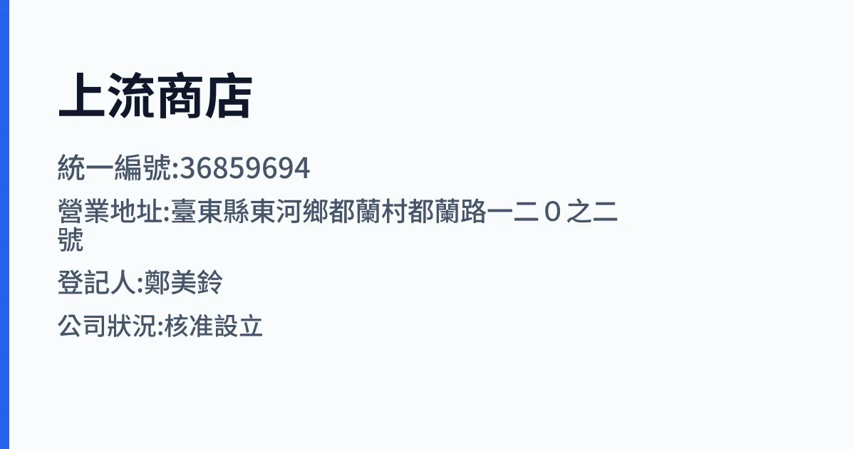 上流商店 - 統編 36859694(臺東縣) 公司登記資料與營業項目詳細圖表