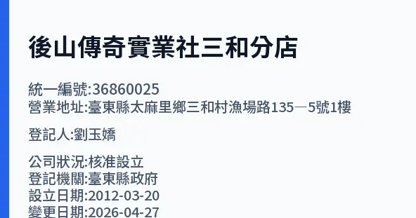 後山傳奇實業社三和分店的照片-統編 36860025(臺東縣) 公司登記資料與營業項目詳細圖表